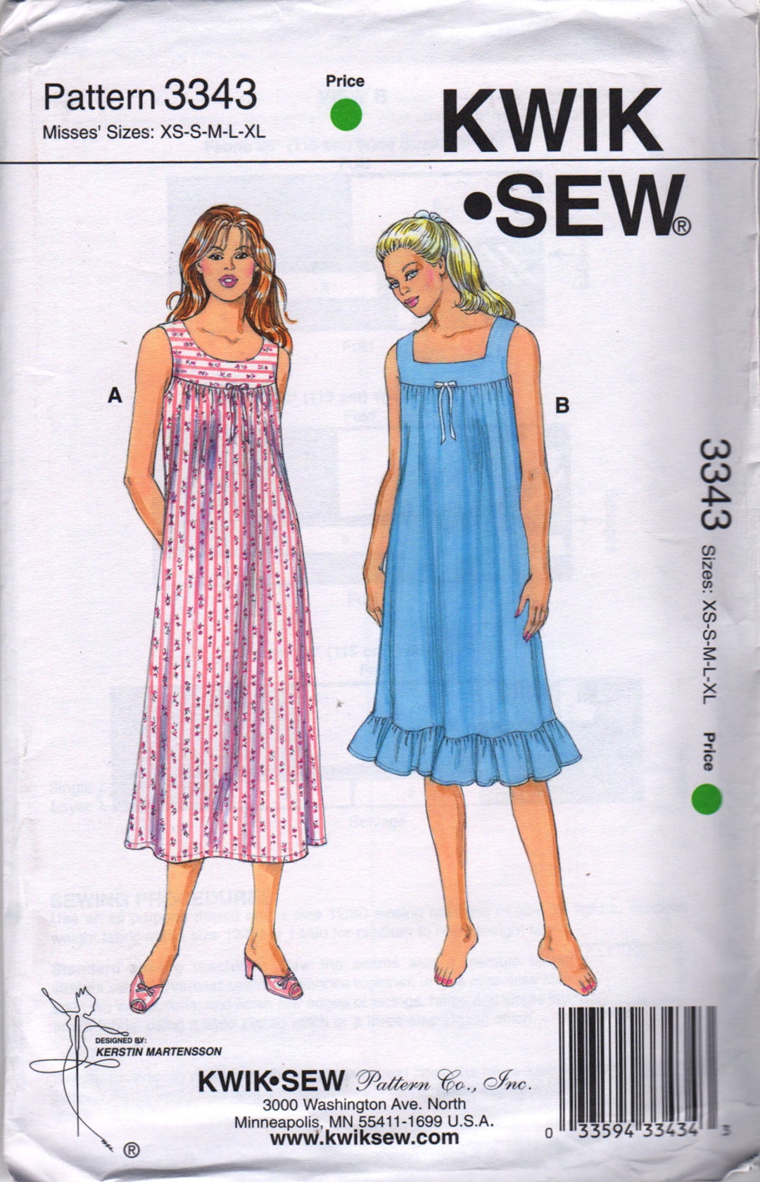 Kwik Sew 3343 Misses Nightgown Pattern Scoop or Square Neckline Easy ...