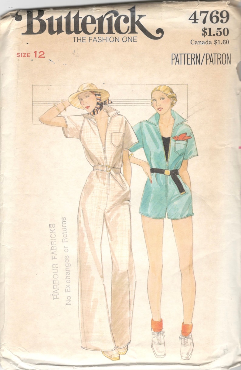 Butterick 4769 1970s Misses Zip Front Jumpsuit Rompers Pattern | Etsy