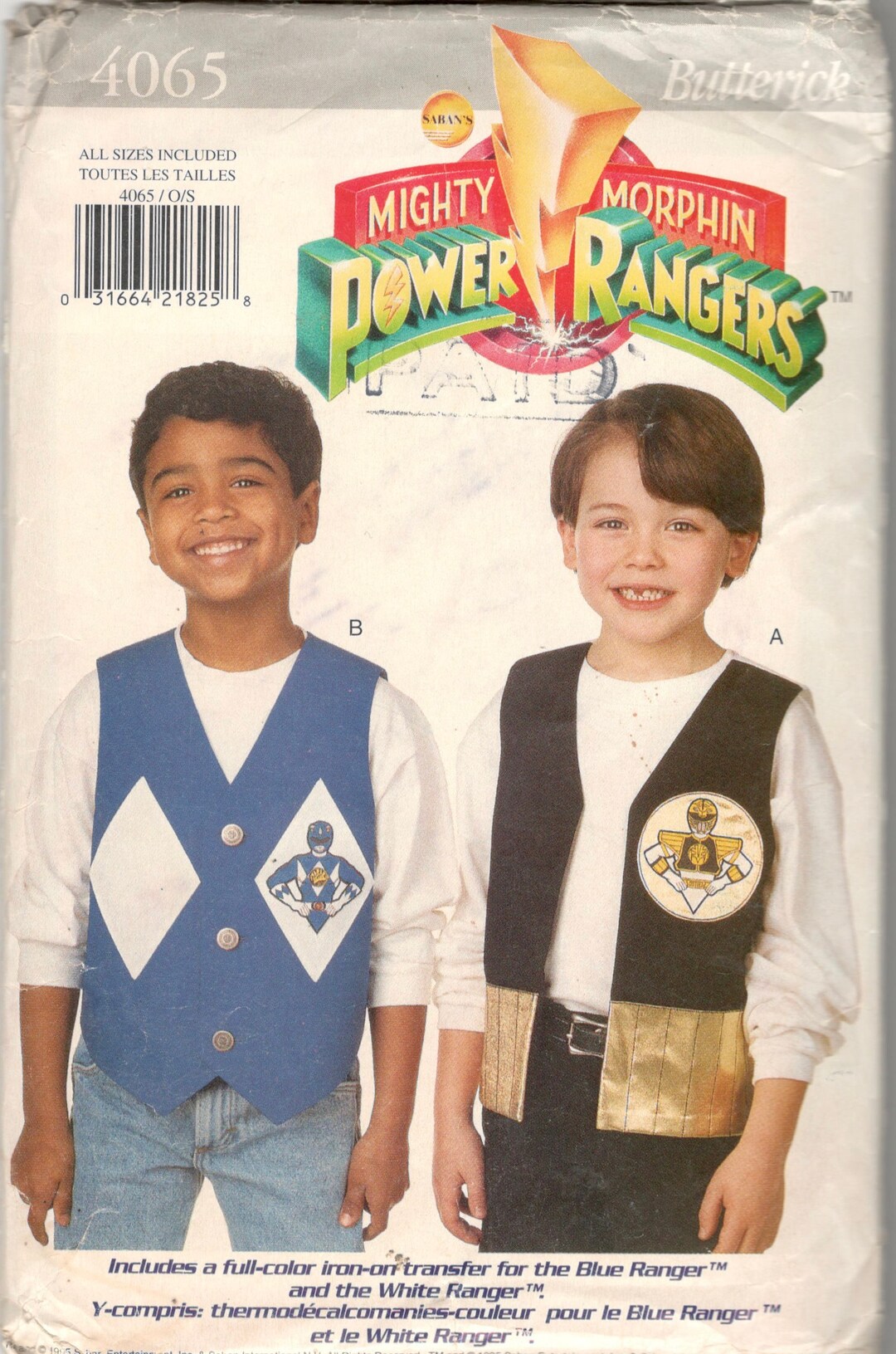 Butterick 4065 Childs POWER RANGER Easy Vest Pattern Iron ON Transfers ...