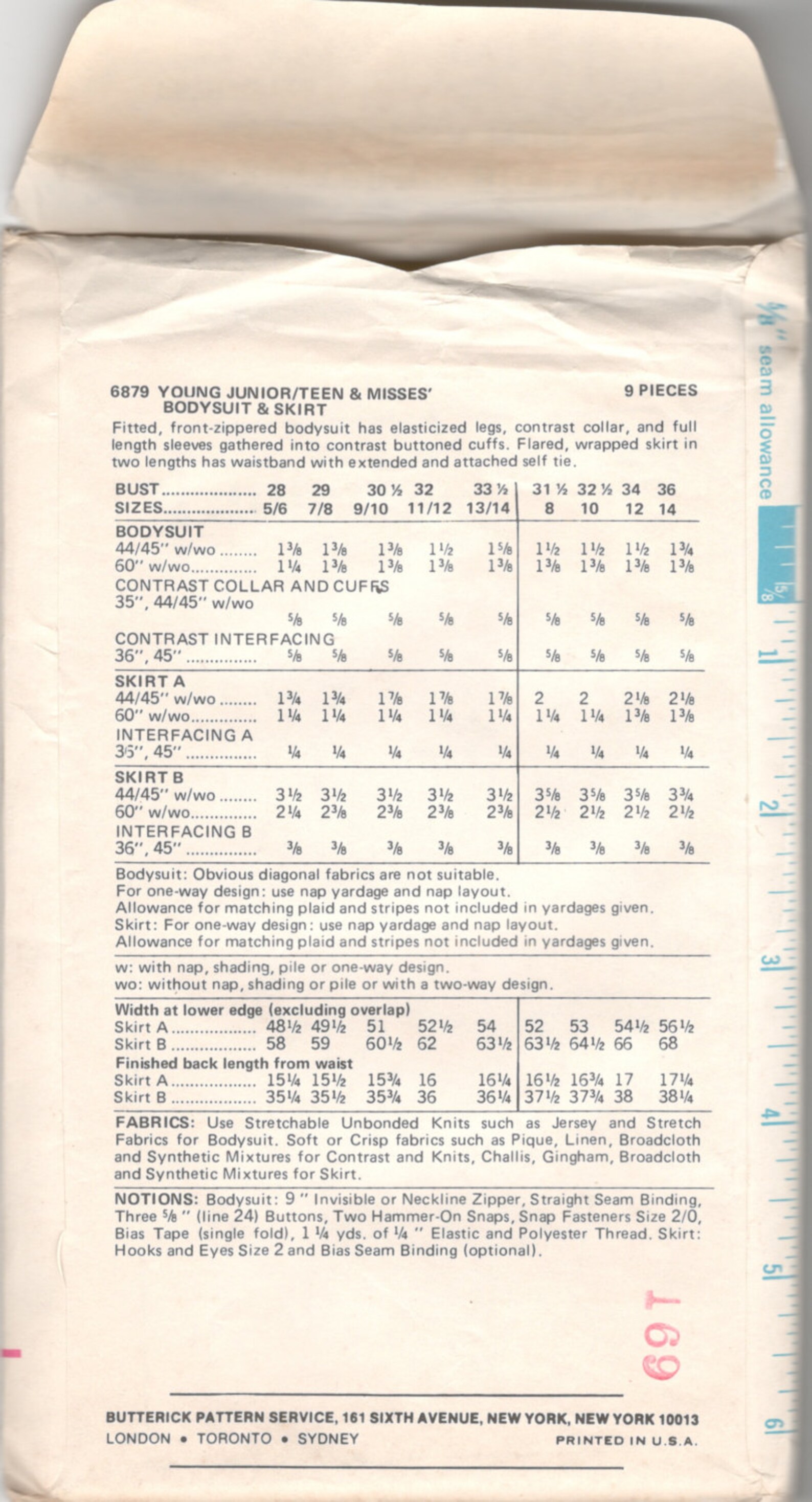 Butterick 6879 1970s Misses Mod Zip Front Bodysuit Wrap Skirt - Etsy
