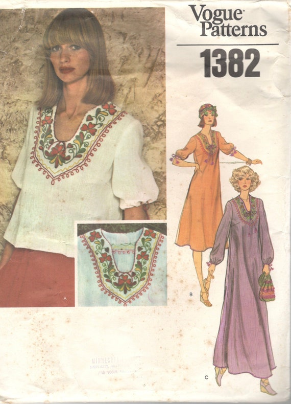 1970s Vogue 1382 Misses Pullover Folk Top and Dress Pattern | Etsy