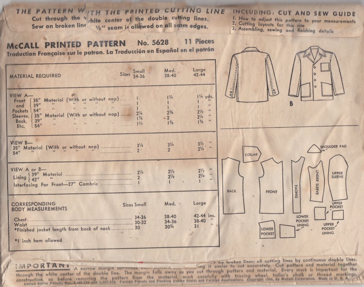 1940s Mccall 5628 Mens Sports Jacket Pattern Contrasting | Etsy