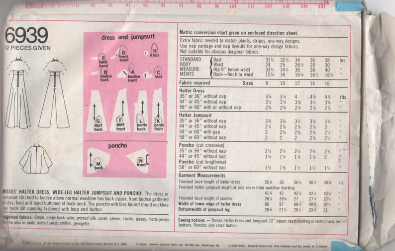Simplicity 6939 1970s Misses Halter Dress Wide Leg Jumpsuit and Poncho ...
