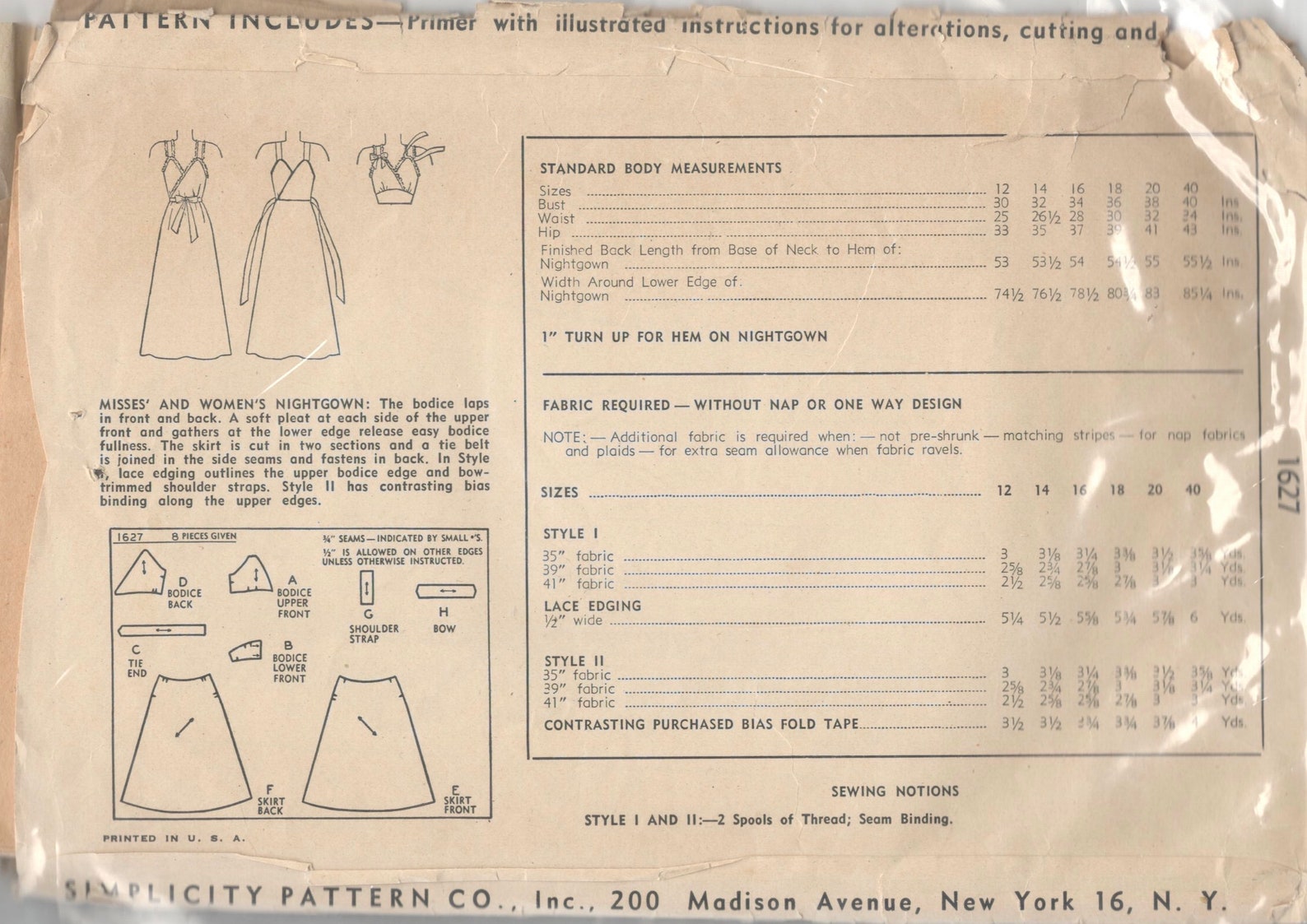 Simplicity 1627 1940s Nightgown Negligee Pattern Inset - Etsy