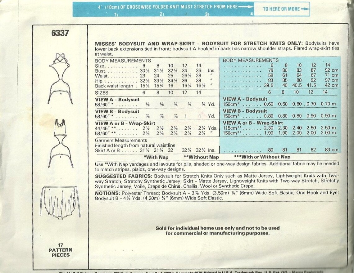 Mccalls 6337 1970s Misses Bodysuit and Wrap Skirt Pattern - Etsy