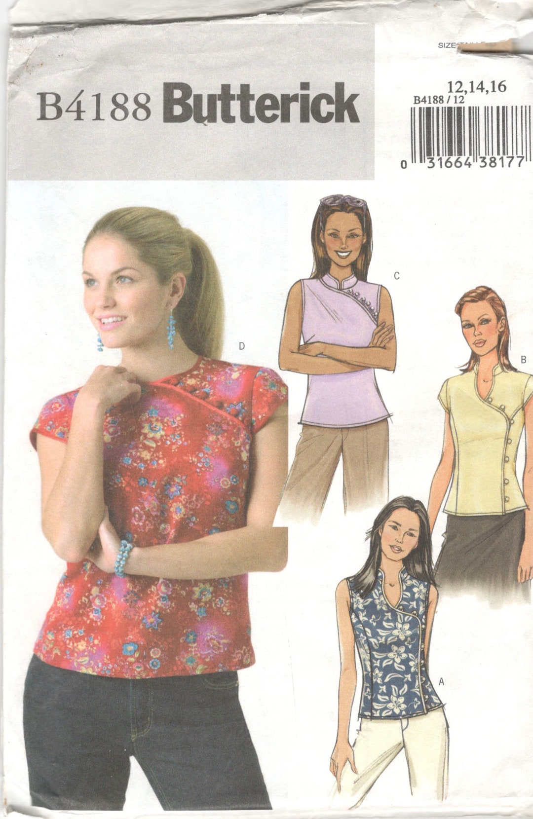 Butterick 4188 Easy Asymmetrical Asian Style Blouse Pattern Womens ...