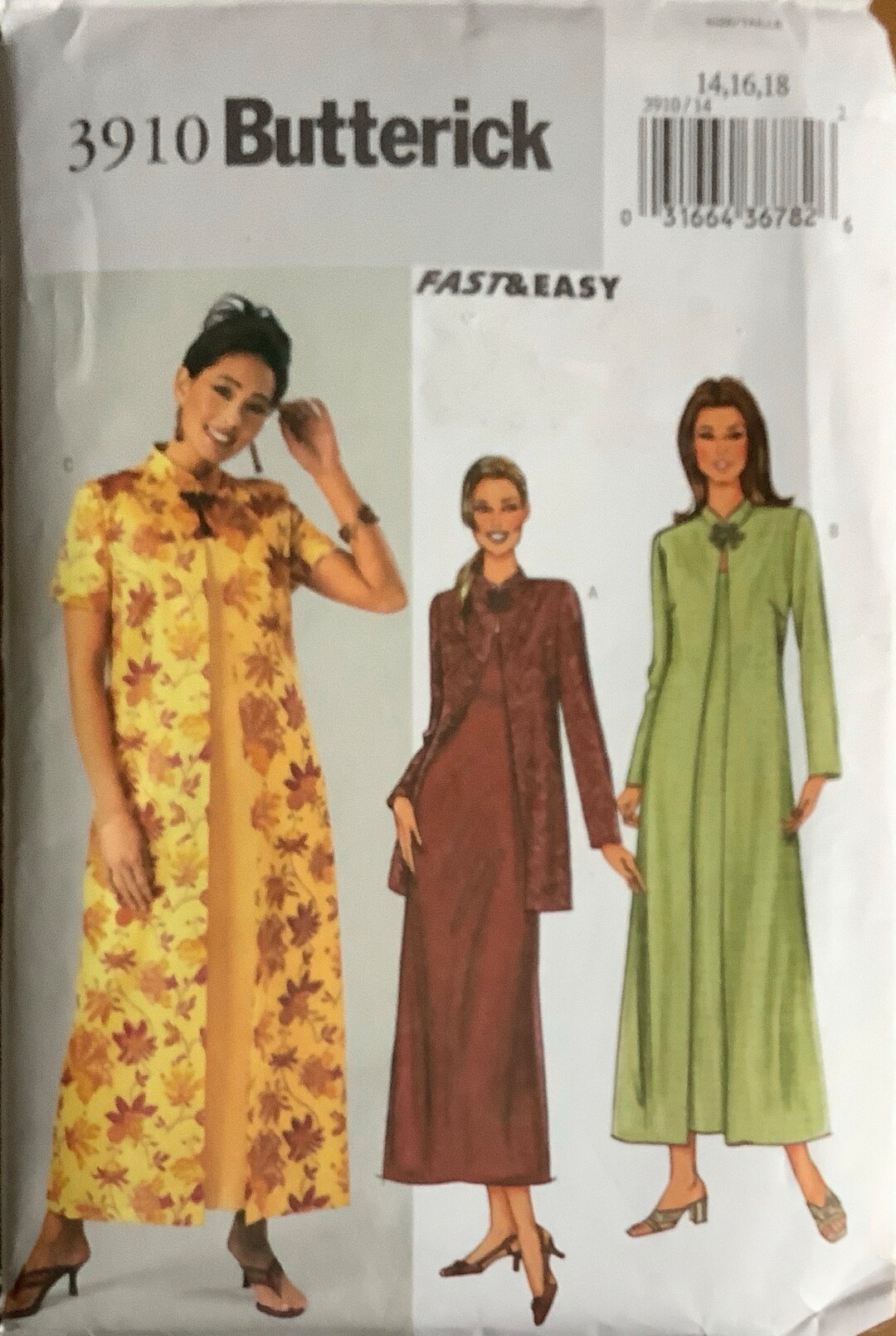 Butterick 3910 Elegant Mandarin Jacket Duster and Dress Pattern Fast ...