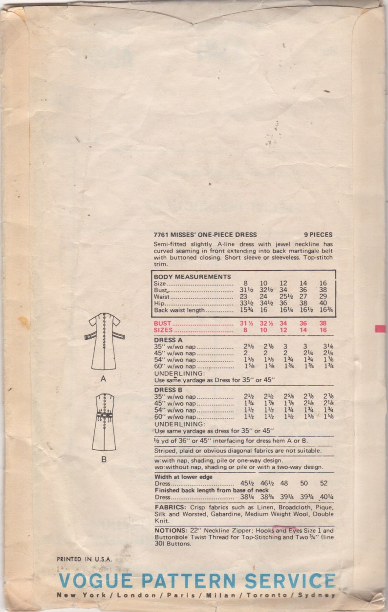 Vogue 7761 1970s Misses Mod Dress Pattern A Line Curved Seaming Jewel ...