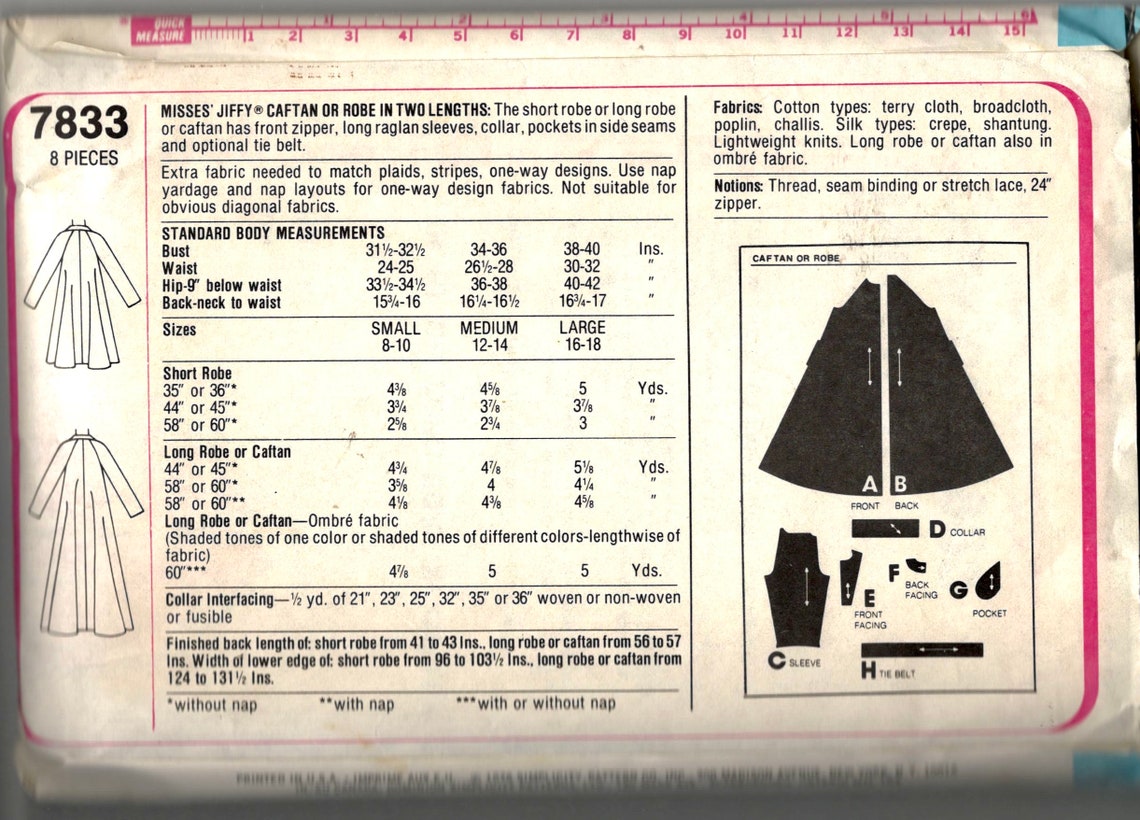 Simplicity 7833 1970s Misses Zip Front CAFTAN Robe Dress - Etsy