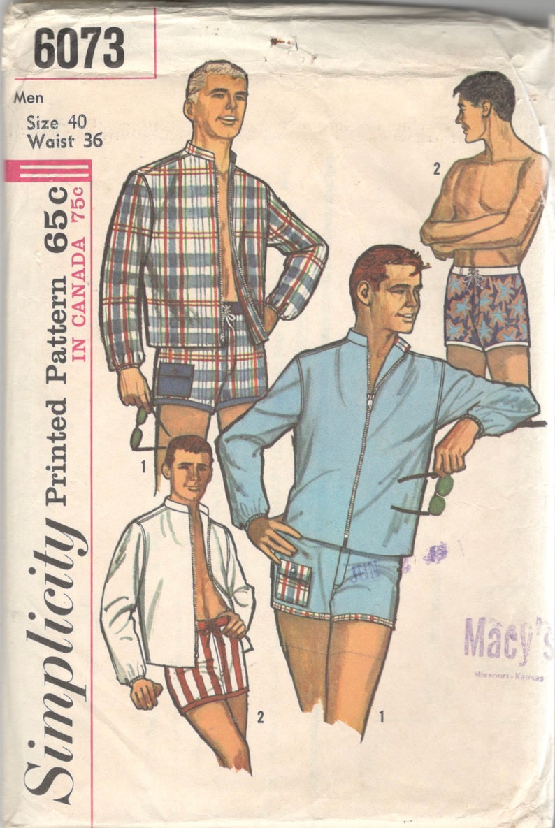 Simplicity 6073 1960s Mens Jersey Trunks Swimsuit and Zip Front Jacket ...