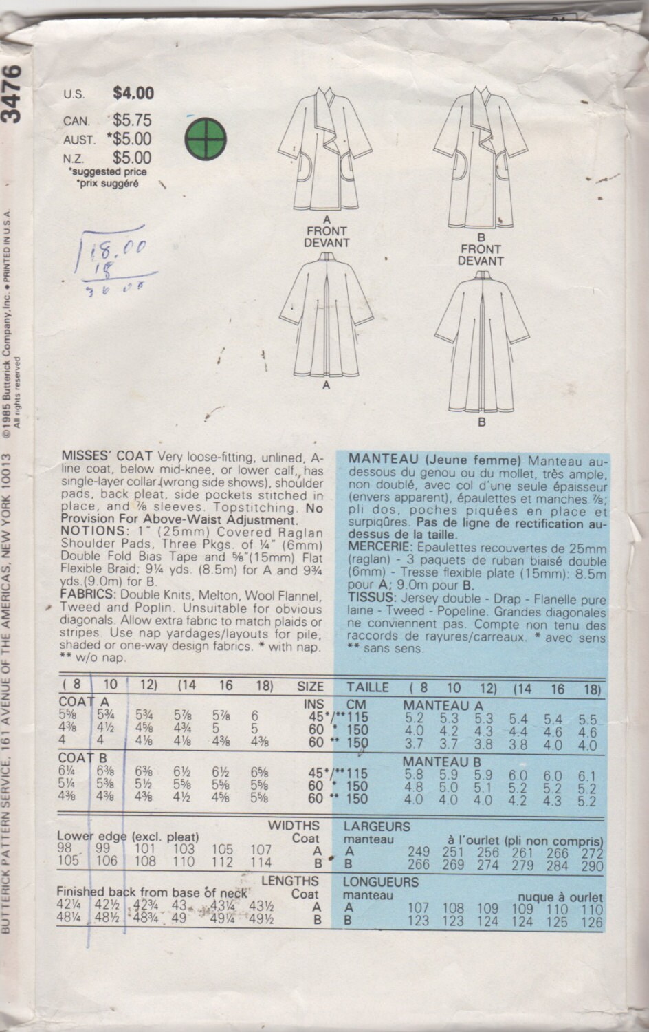 Butterick 3476 1980s Draped Cascade Swing Coat Pattern Inverted Pleat ...