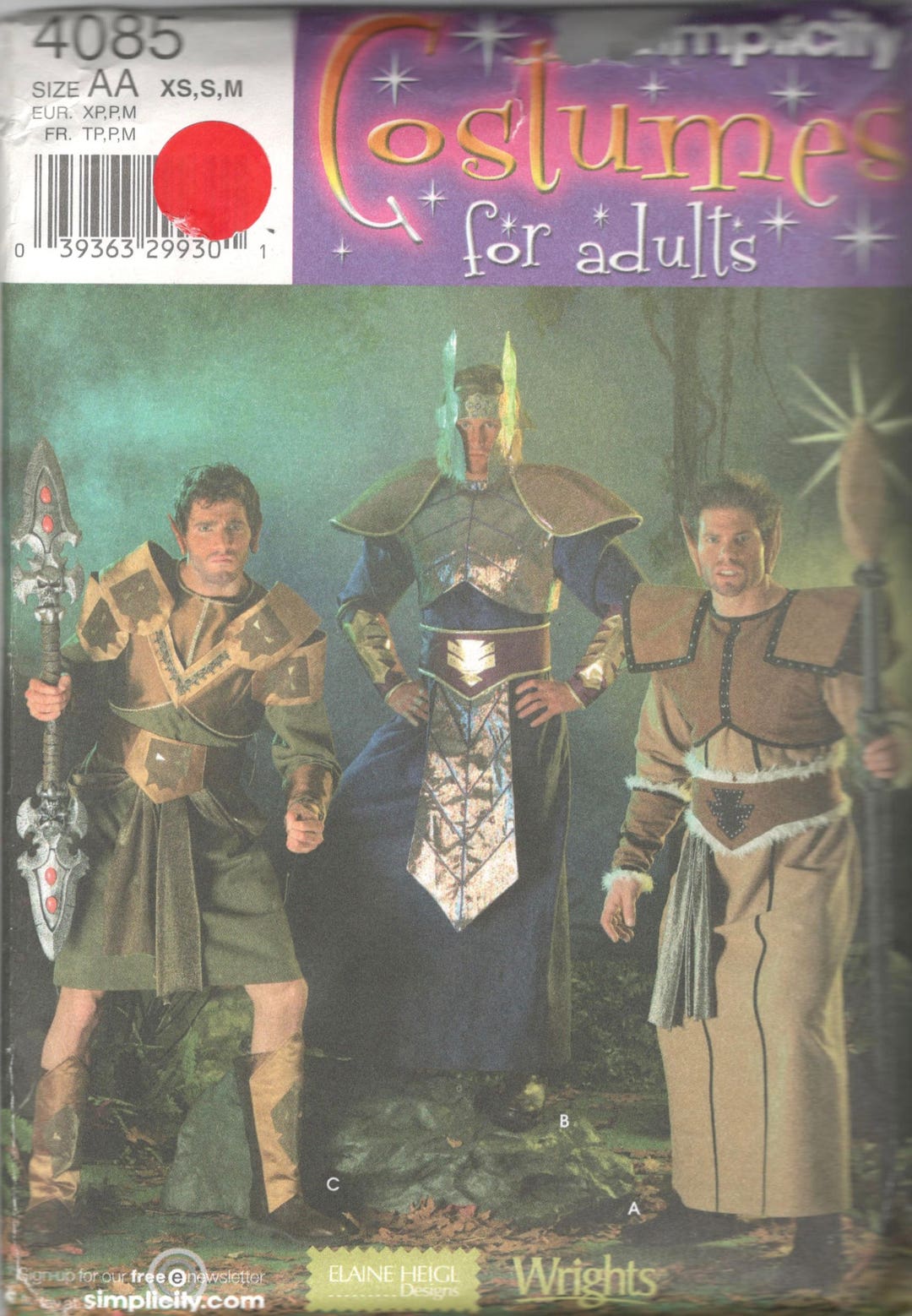 Simplicity 4085 0622 0768 Mens Elven Warrior Costume Pattern Medieval ...