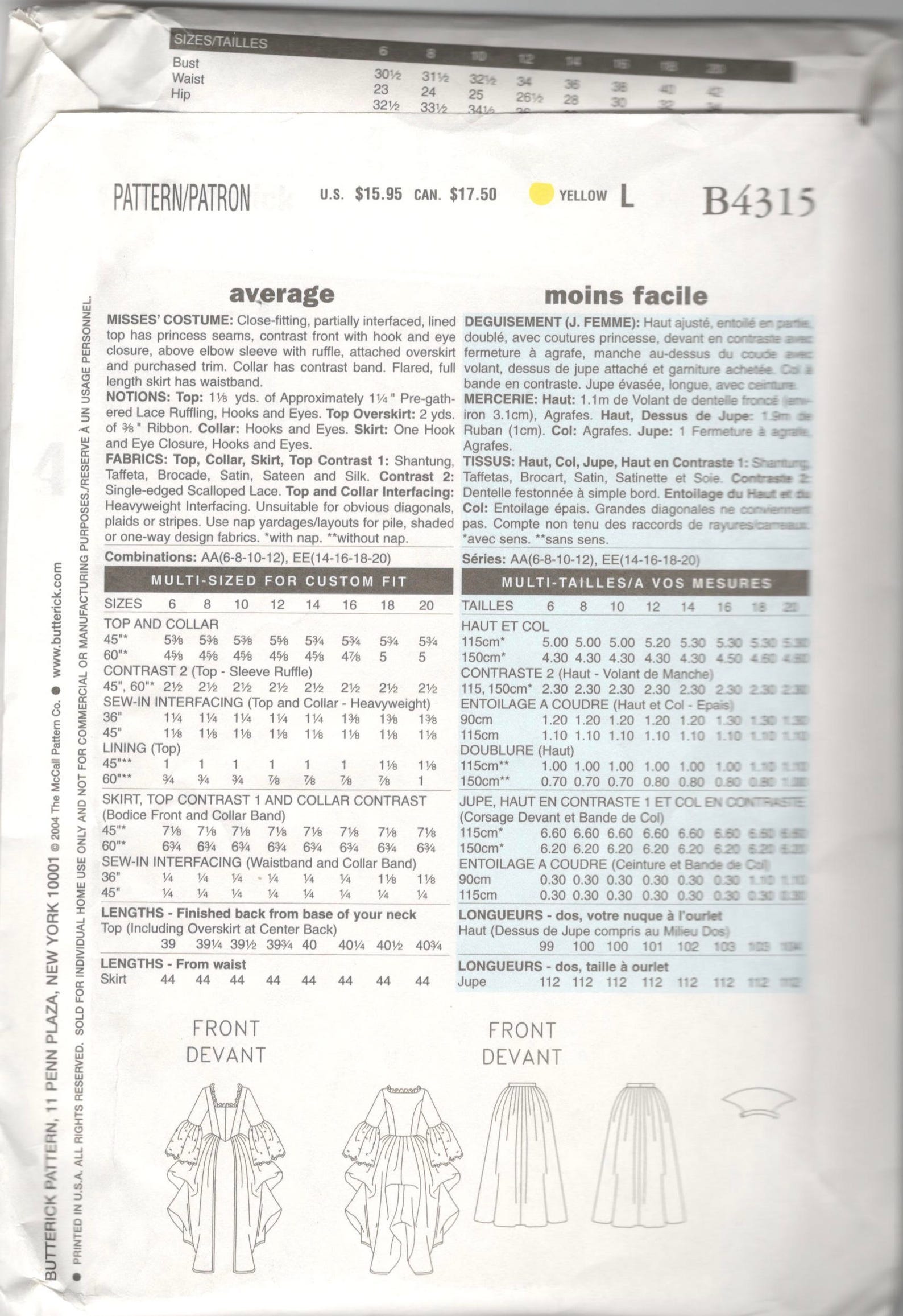 Butterick 4315 BP364 Misses Historical Costume Pattern - Etsy