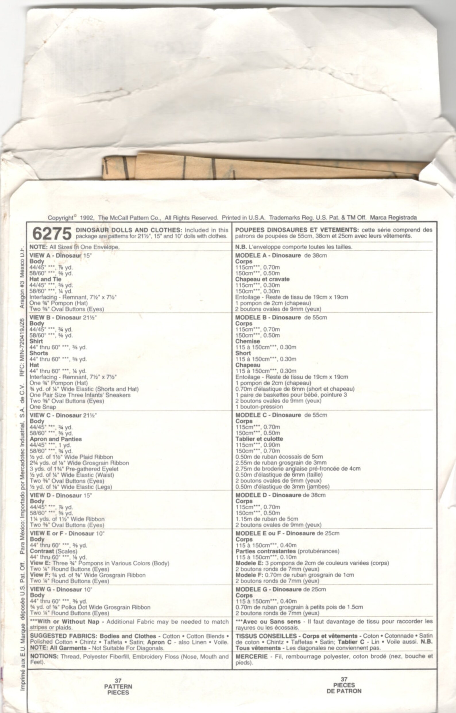 Mccalls 6275 Dinosaur and Doll Clothes Pattern 21 15 and 10 Inch ...