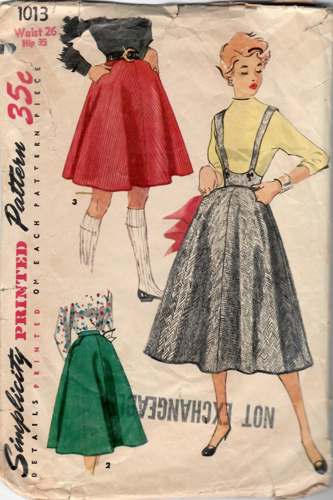 Simplicity 1013 1950s High Waist Skirt Pattern Scalloped Pocketsshaped Waistband Suspender Skirt ...