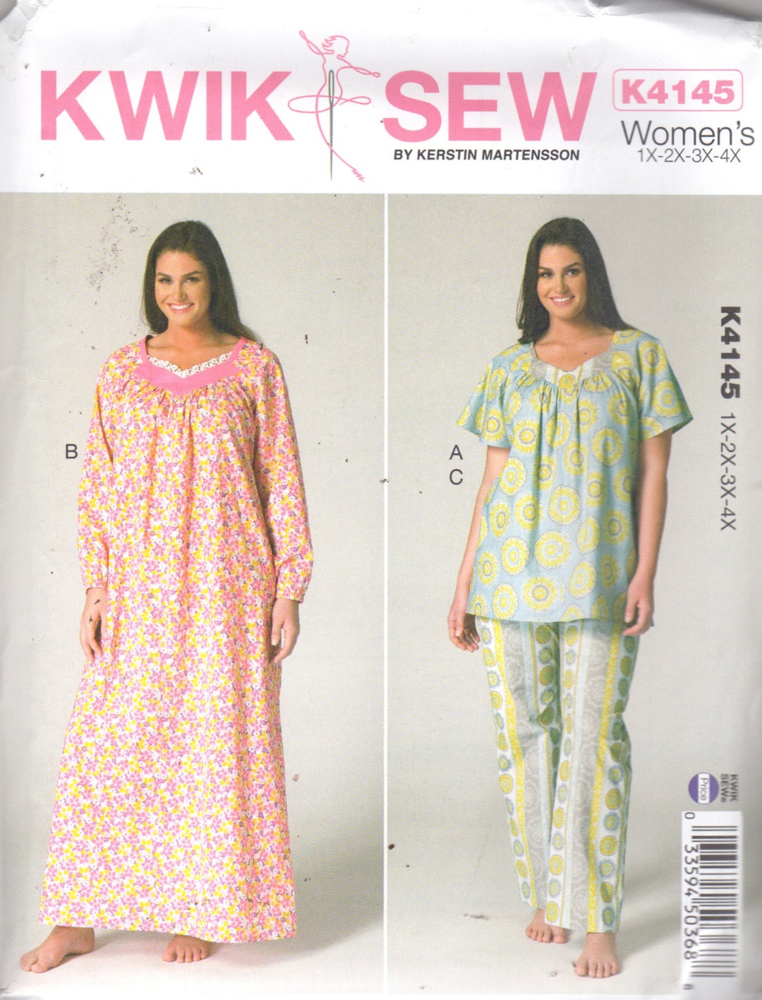 Kwik Sew 4145 K678 Shaped Neckline Pullover Nightgown and Pajamas ...