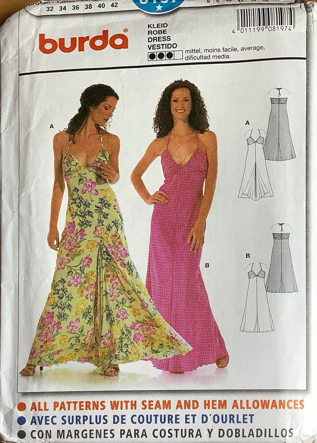 Burda 8197 Misses Halter Evening Dress Pattern Low V Neck Shirred ...