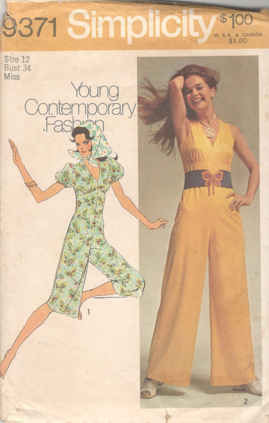 Simplicity 9371 1970s Young Contemporary V Neck Jumpsuit Pattern Long ...