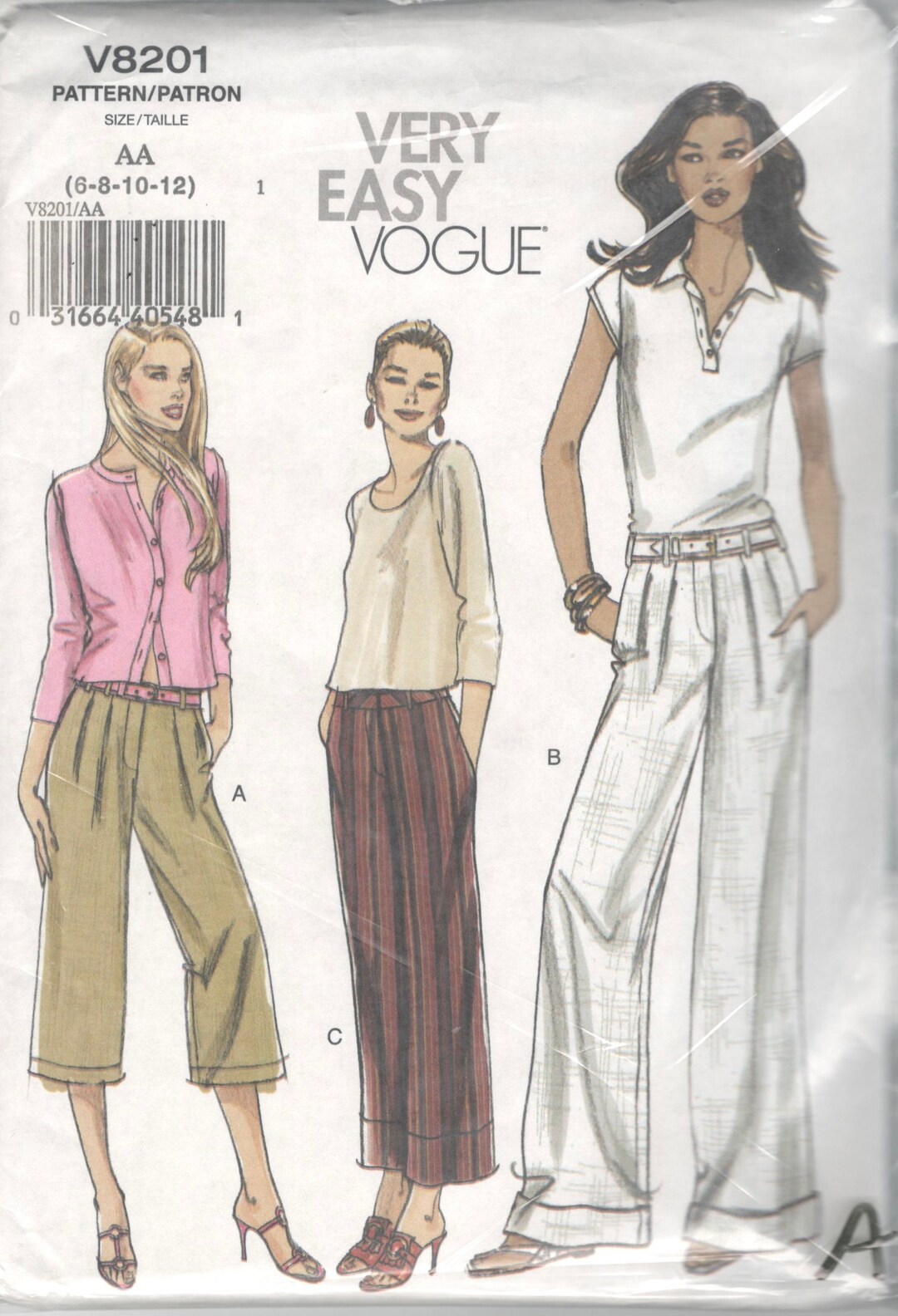 Vogue 8201 Misses Wide Leg Cuffed Pants Pattern Three Lengths Very Easy ...