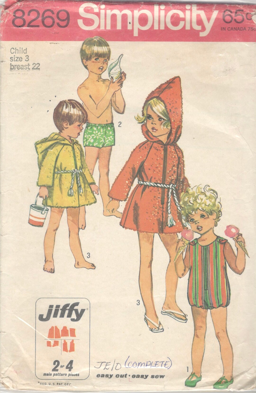 Simplicity 8269 1960s Toddlers Swimsuits and Hooded Beachrobe Pattern ...