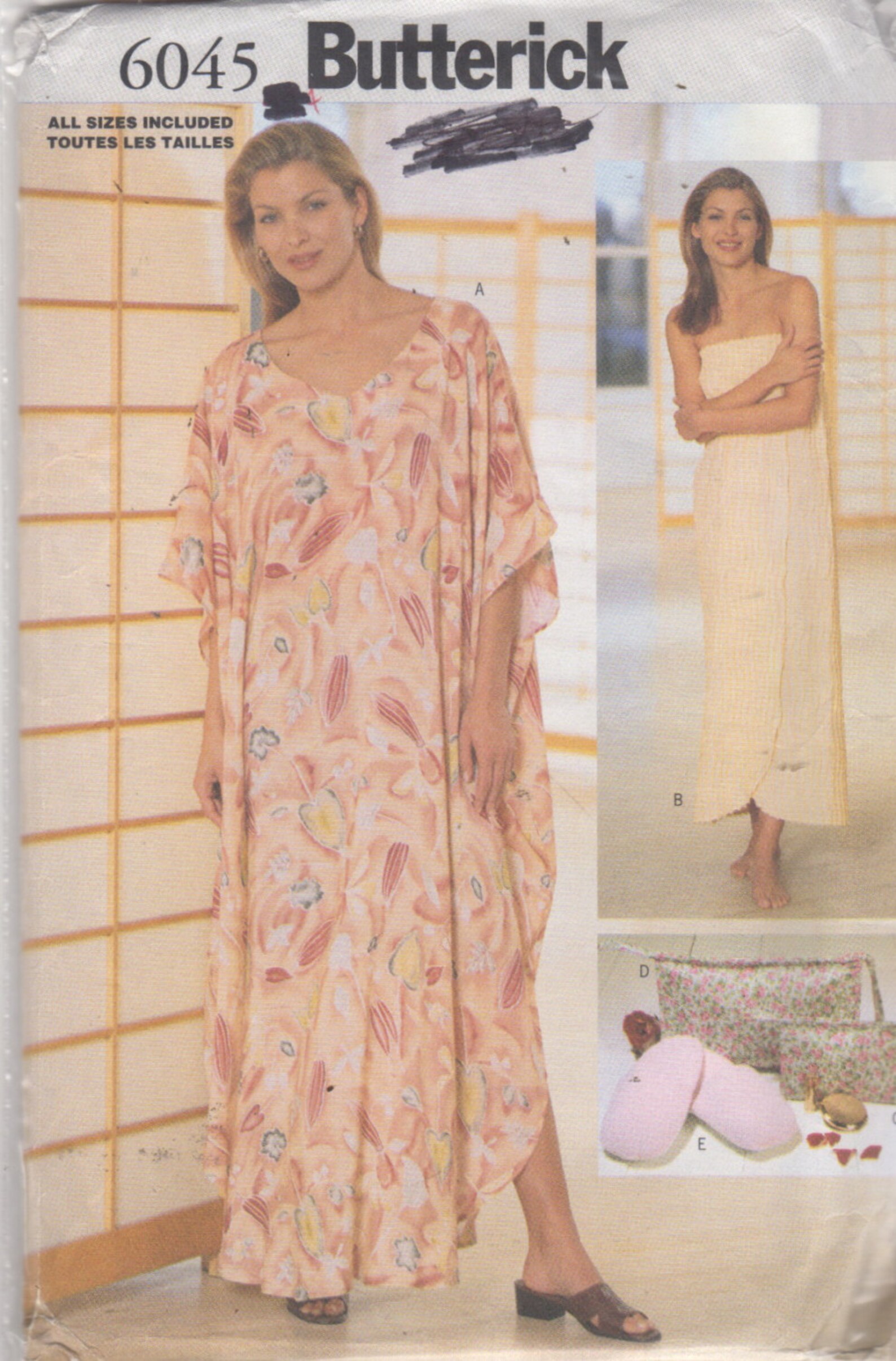Butterick 6045 1990s Misses CAFTAN Sauna Wrap Slippers and Cosmetic ...