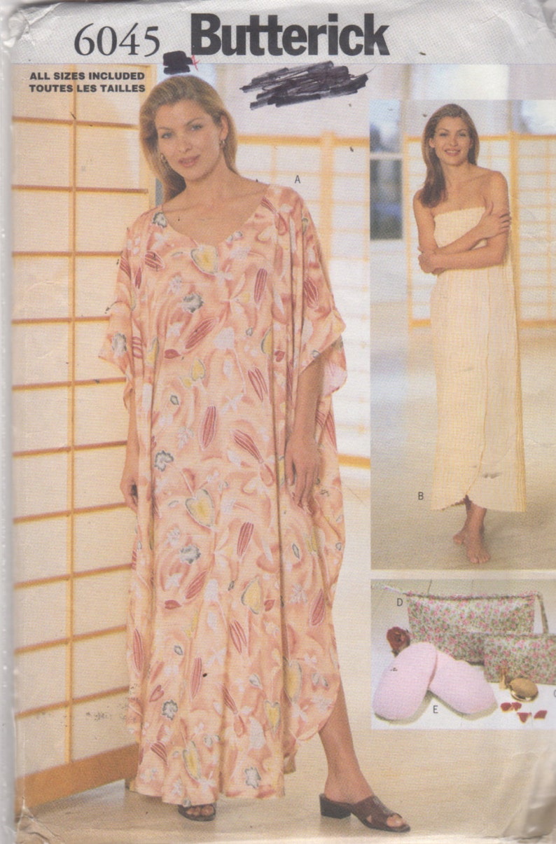 Butterick 6045 1990s Misses CAFTAN Sauna Wrap Slippers and Cosmetic ...