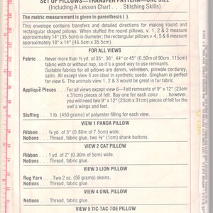 Simplicity 8138 1970s Fun Pillows Pattern Owl Cat Lion Panda Tic Tac ...