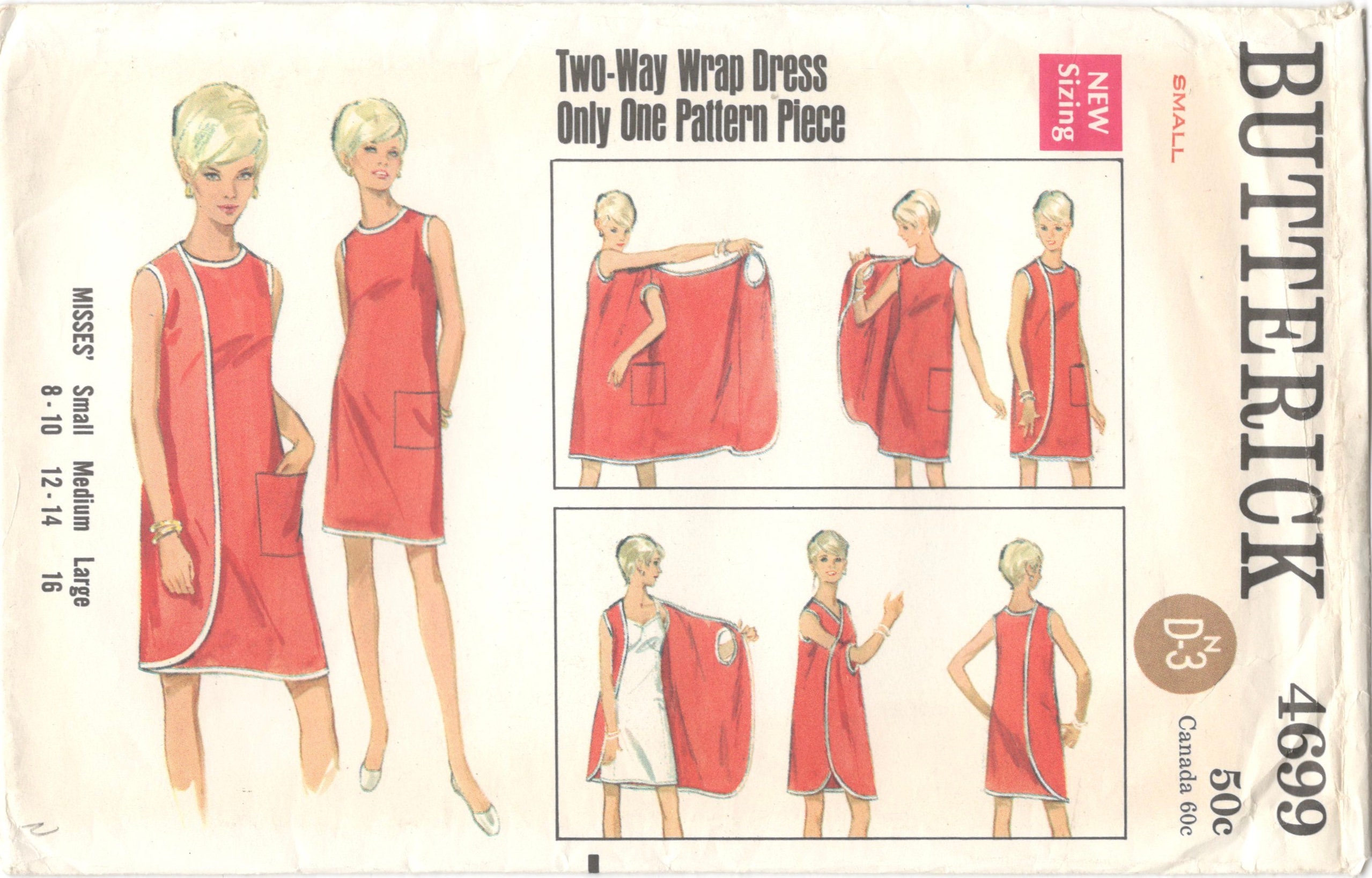 Butterick 4699 1960s Misses 3 Armhole Wrap Dress Pattern Womens Vintage ...
