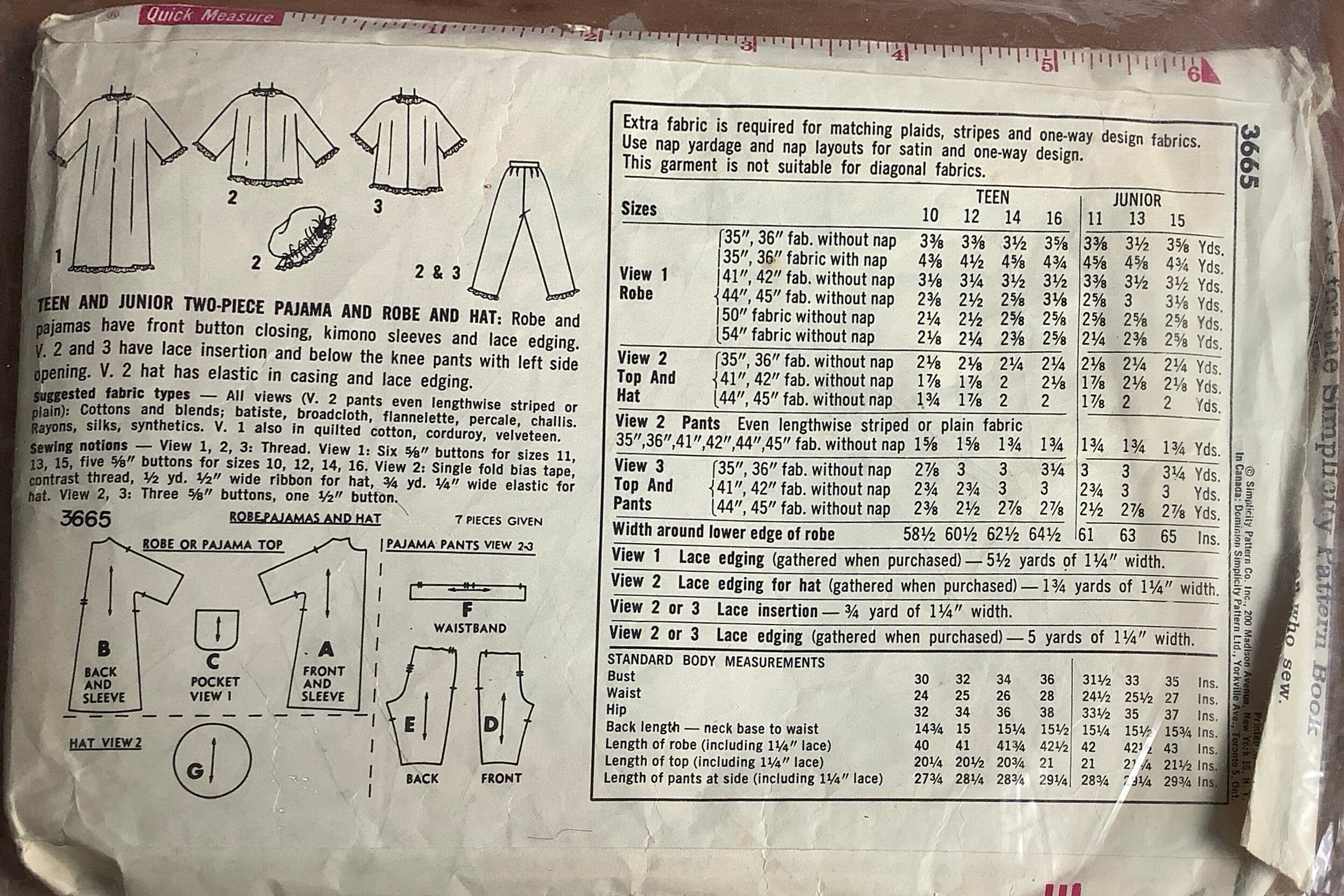 1960s Simplicity 3665 Capri Pajamas Robe and Nightcap Mob Cap Pattern ...