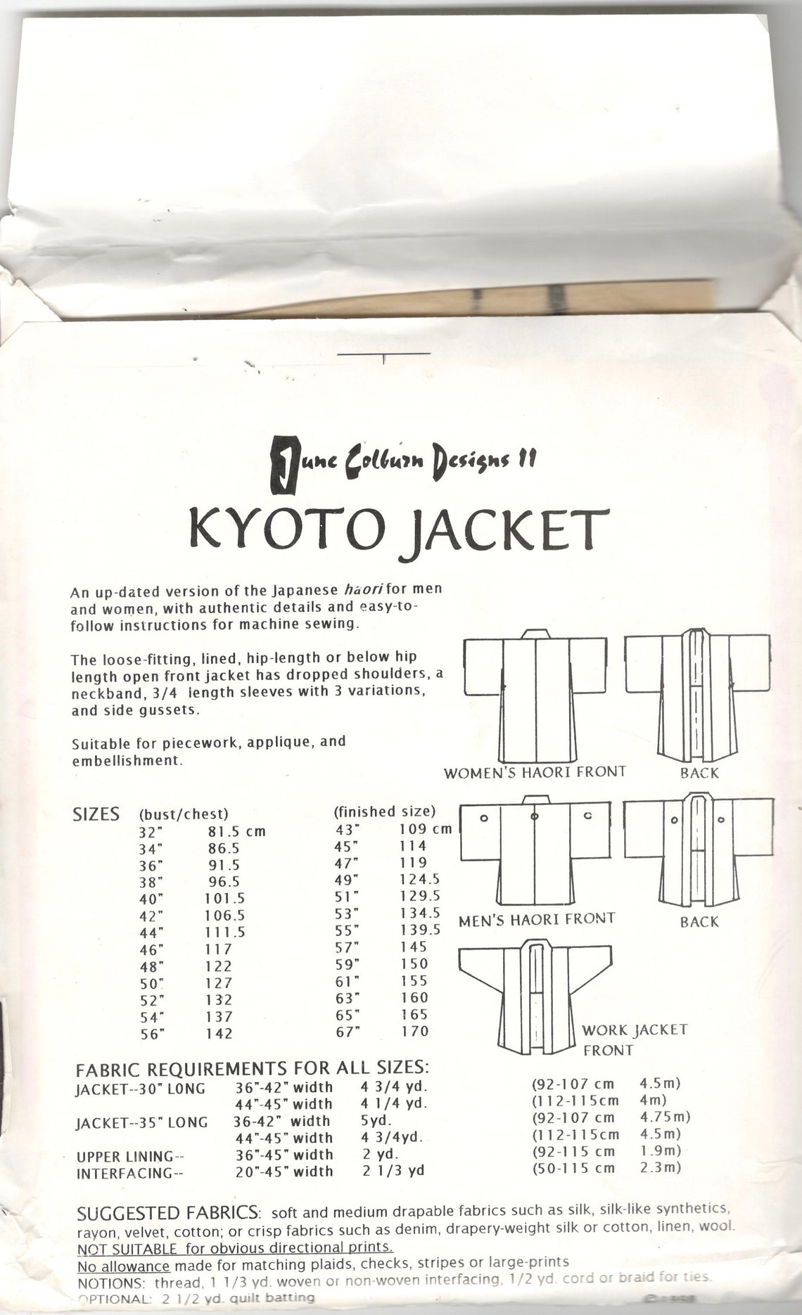Kyoto Jacket Pattern June Colburn Mens Womens Japanese Haori Jacket ...