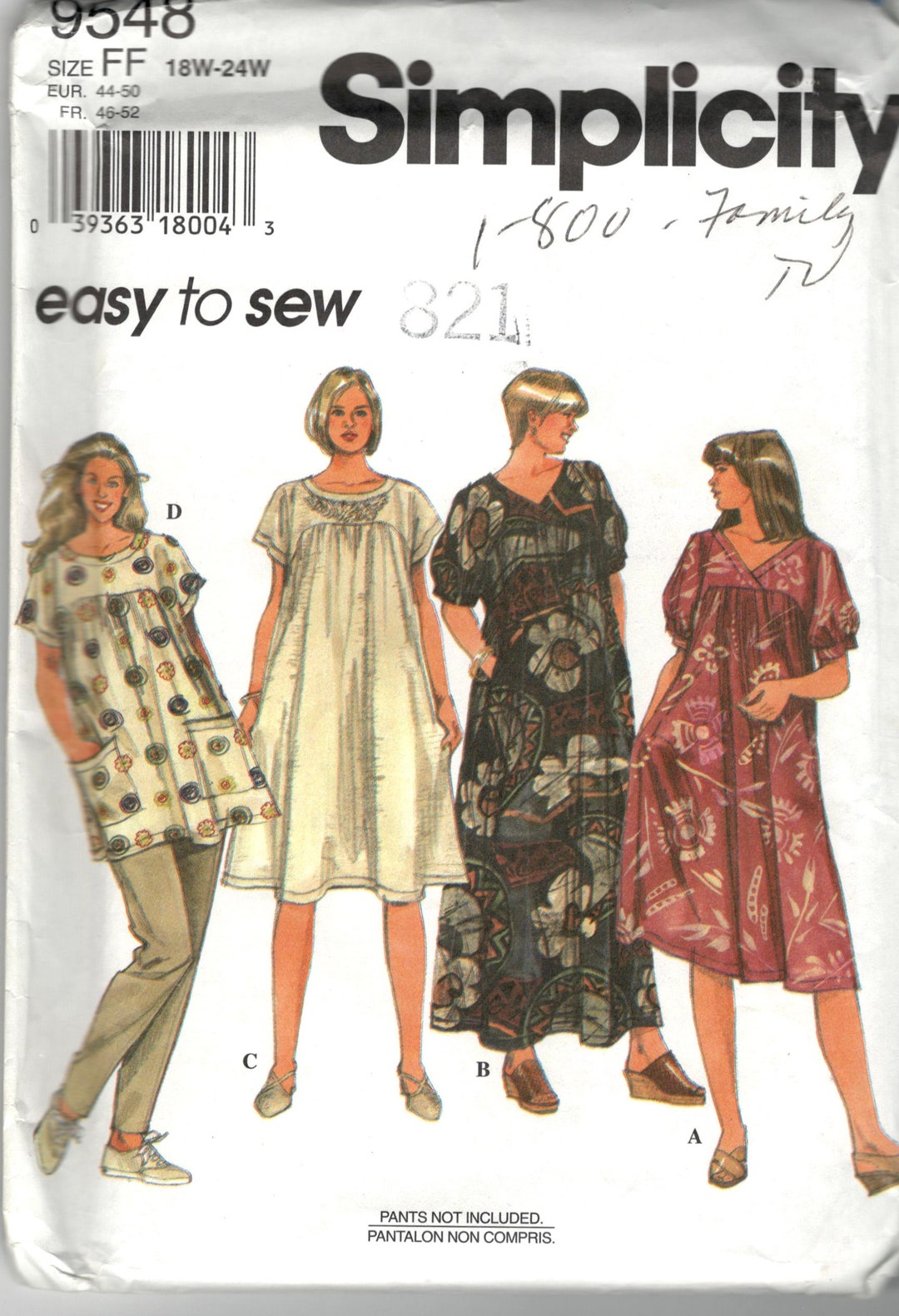 Simplicity 9548 V or Round Neck Pullover Caftan Tunic Top Dress Pattern ...