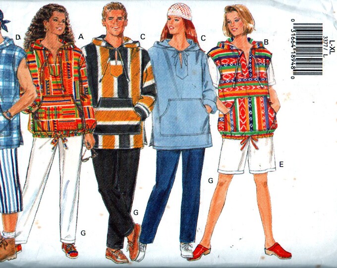 Butterick 3377 1990s Unisex Pullover Top Shorts Hoodie and Pants ...