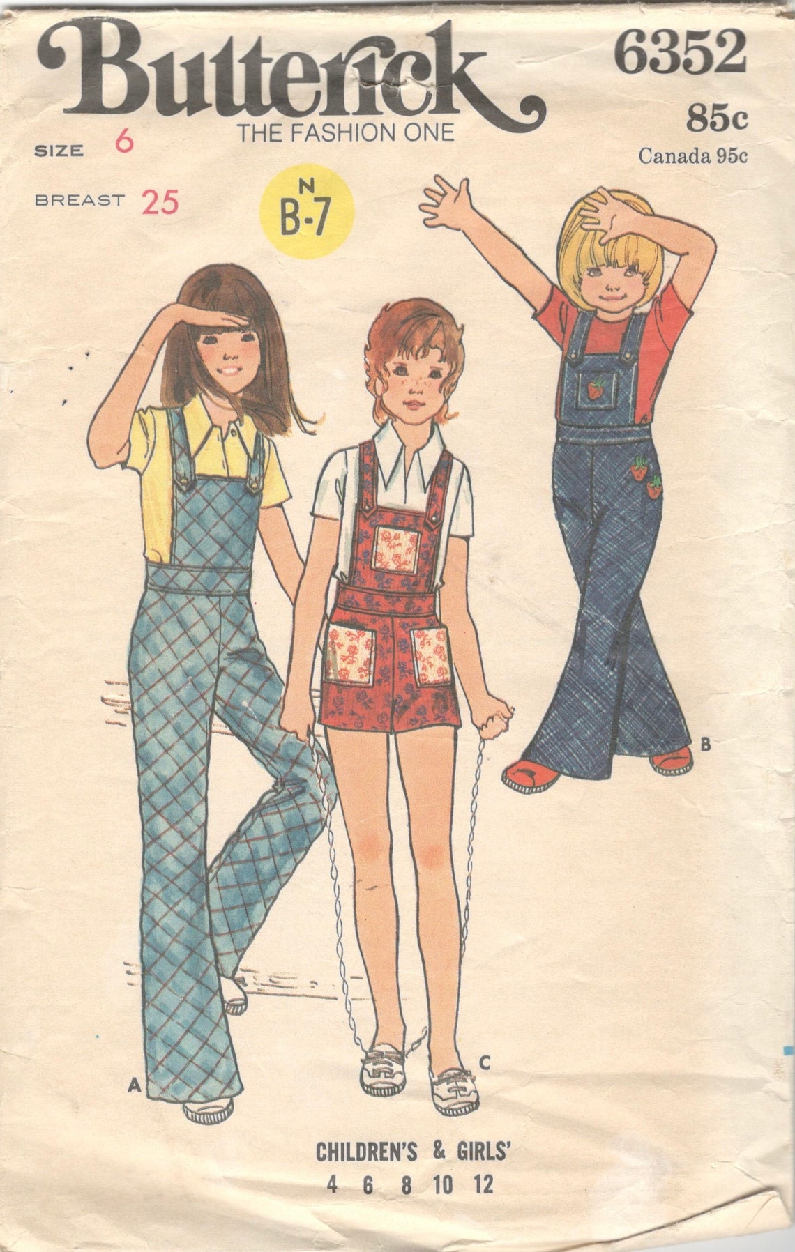 Butterick 6352 1970s Childs Bibbed Overalls and Romper Pattern | Etsy