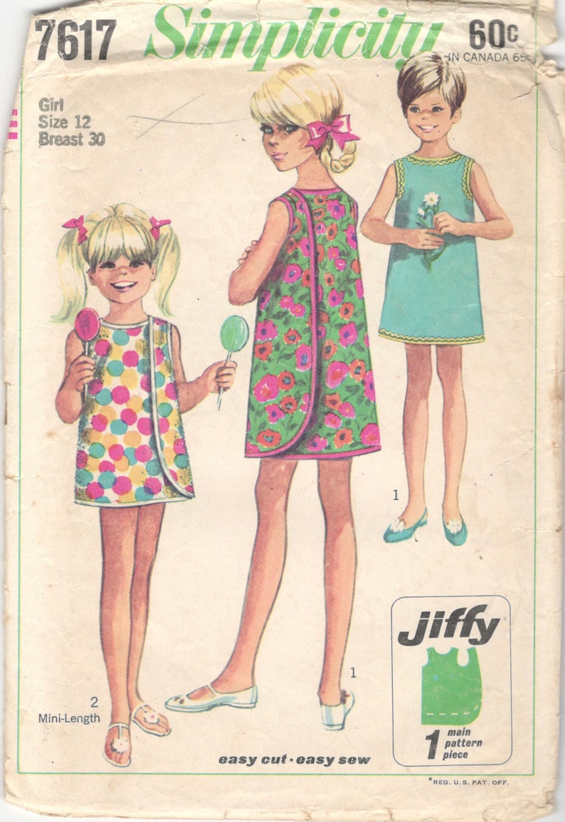 Simplicity 7617 1960s Girls Mod 3 Armhole Wrap Dress Pattern | Etsy