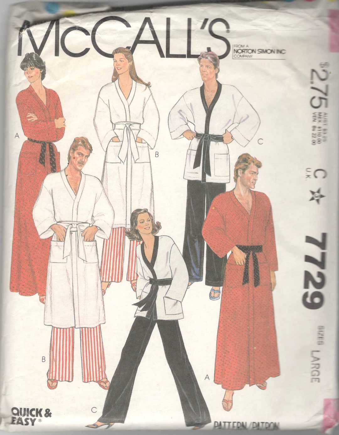 Mccalls 7729 1980s Womens Mens Robe Jacket Pants Pattern Unisex Vintage ...