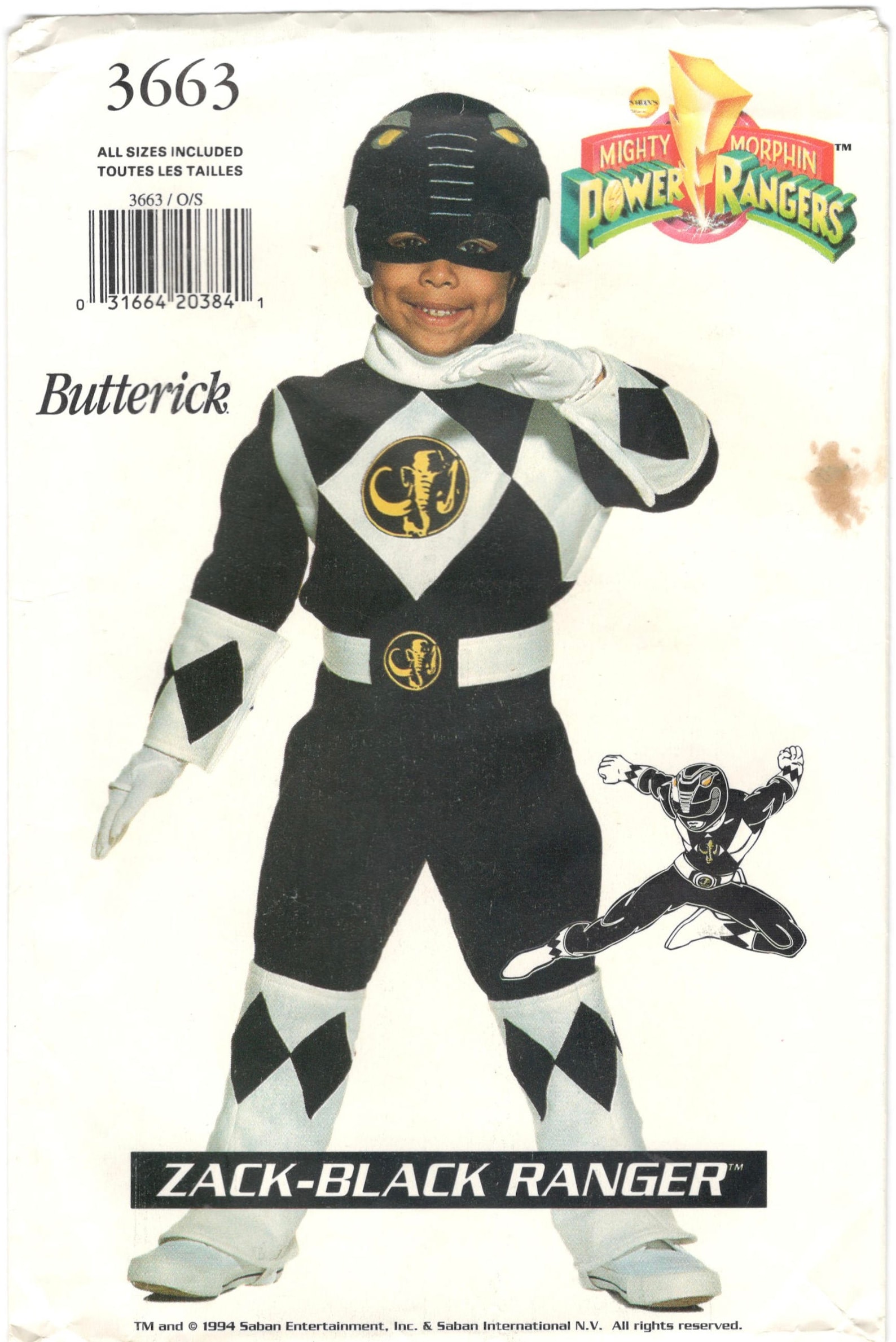 Mighty Morphin Zack Black Range POWER RANGER Costume Pattern Butterick ...