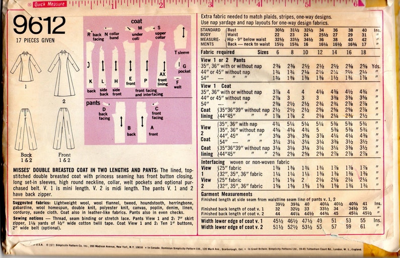 1970s Simplicity 9612 Double Breasted Coat Jacket and Pants - Etsy