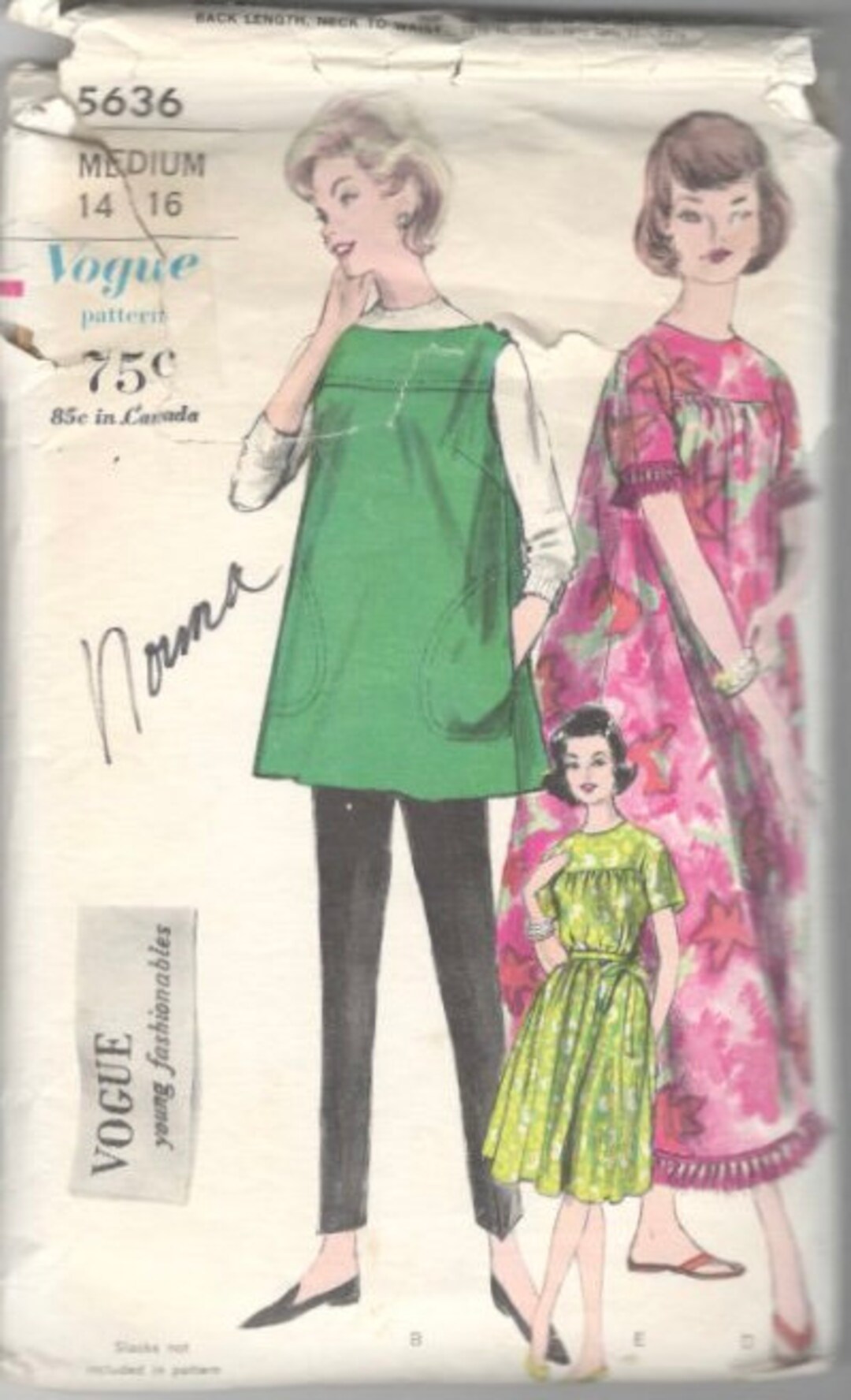 Vogue 5636 1960s Misses Muu Muu Tent Dress Tunic Smock Pattern Young ...
