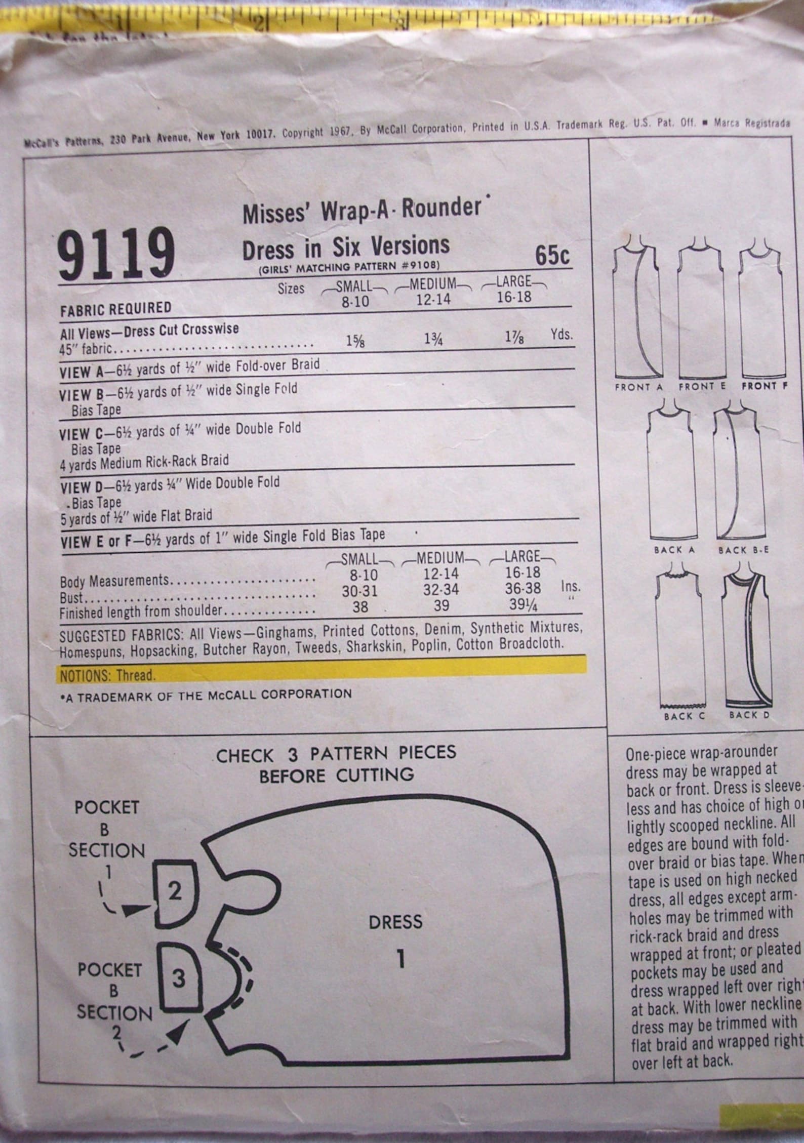 Mccalls 9119 Vintage 1960s 3 Armhole Wrap Arounder Dress Pattern 6 ...