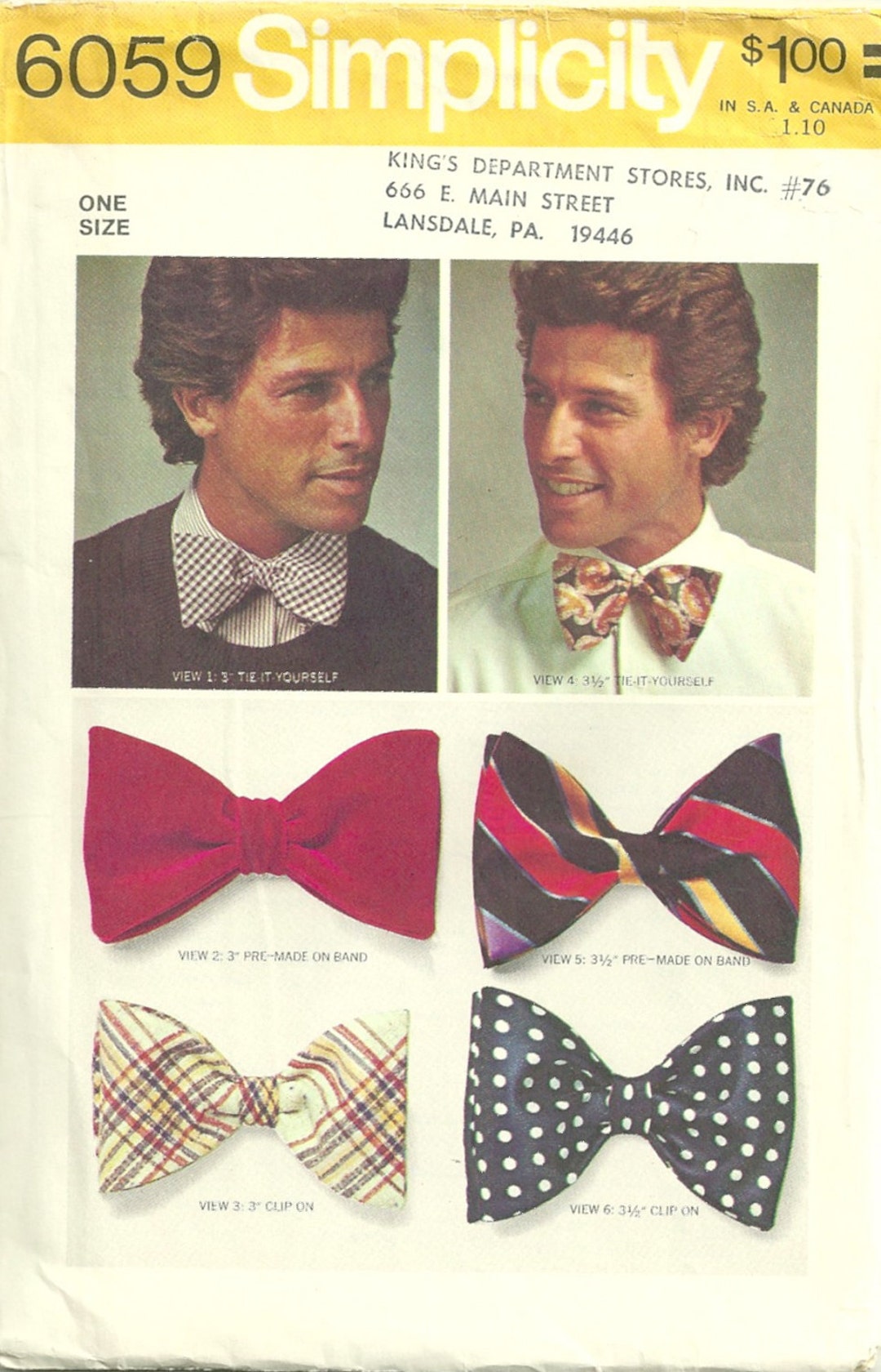 Simplicity 6059 Bow Tie Pattern Adult Teen Mens Bowtie 1970s Vintage ...