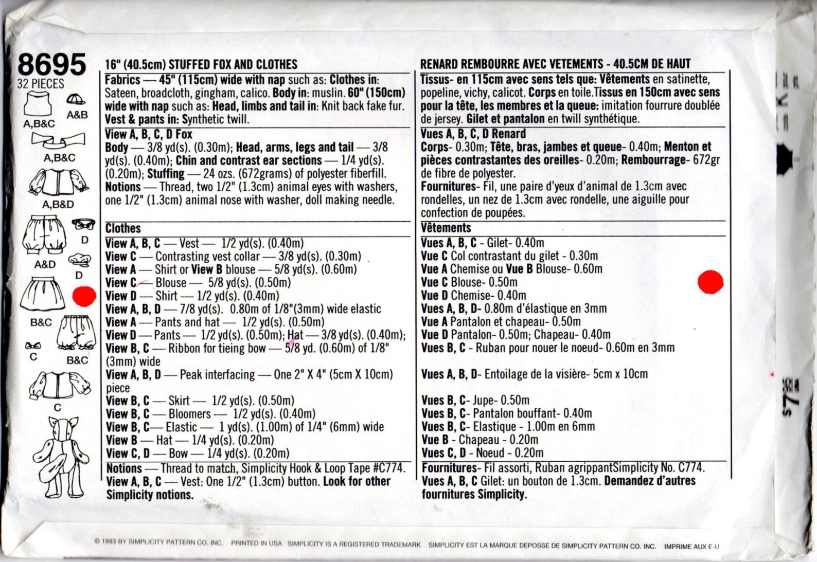 Simplicity 8695 Stuffed FOX and Clothes Pattern 16 Inch Male | Etsy