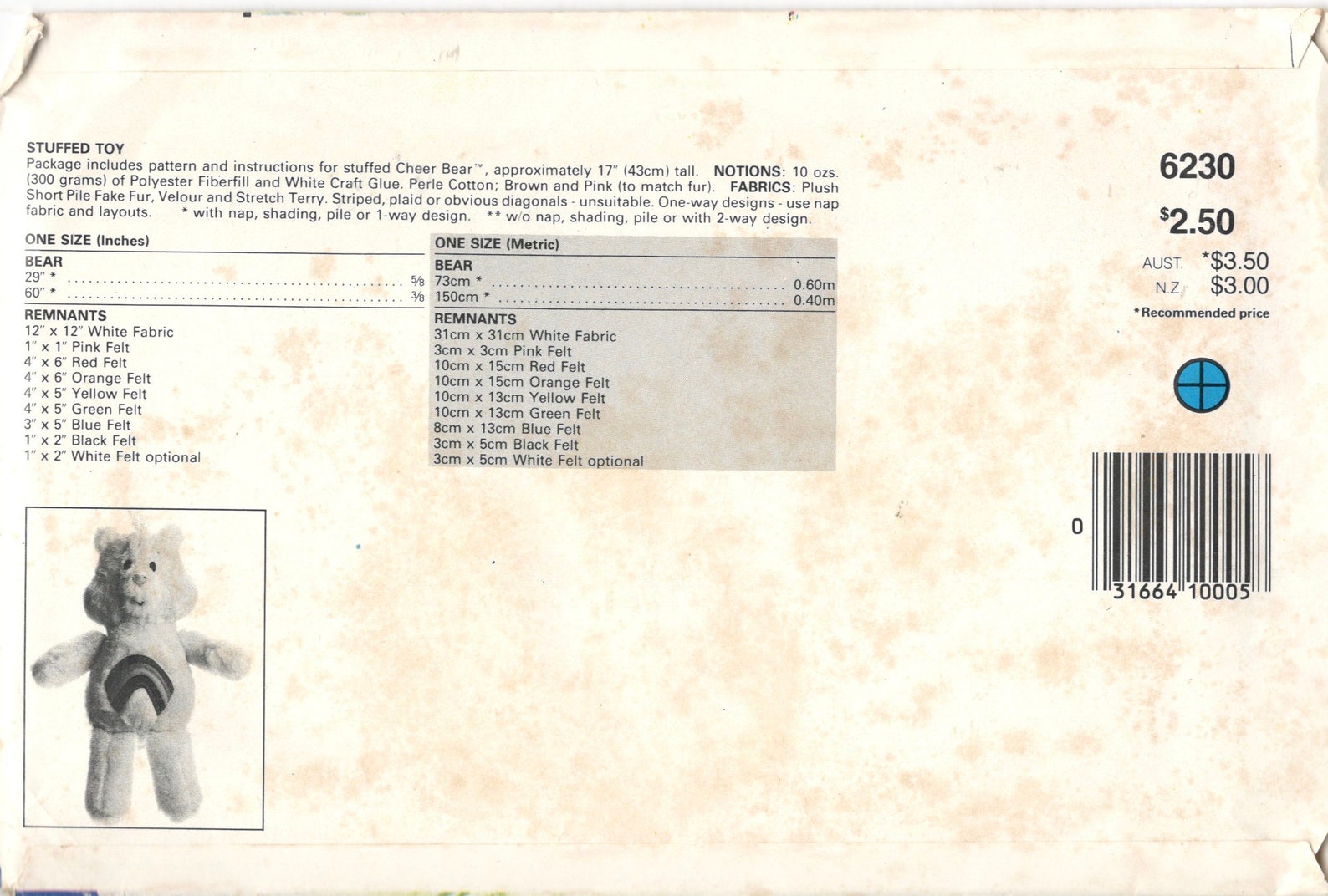 Butterick 6230 303 1980s CHEER BEAR Care Bear Pattern Vintage - Etsy