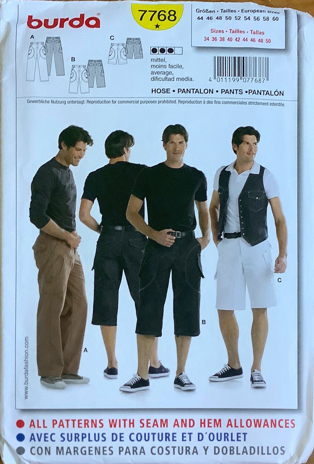 Burda 7768 Mens 3 Lengths Cargo Pants Shorts Cropped Pattern Patch ...
