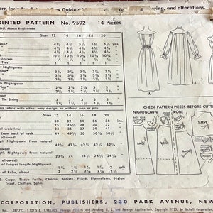 Mccalls 9592 1950s Misses Robe Nightgown Pattern Full Regular Length ...