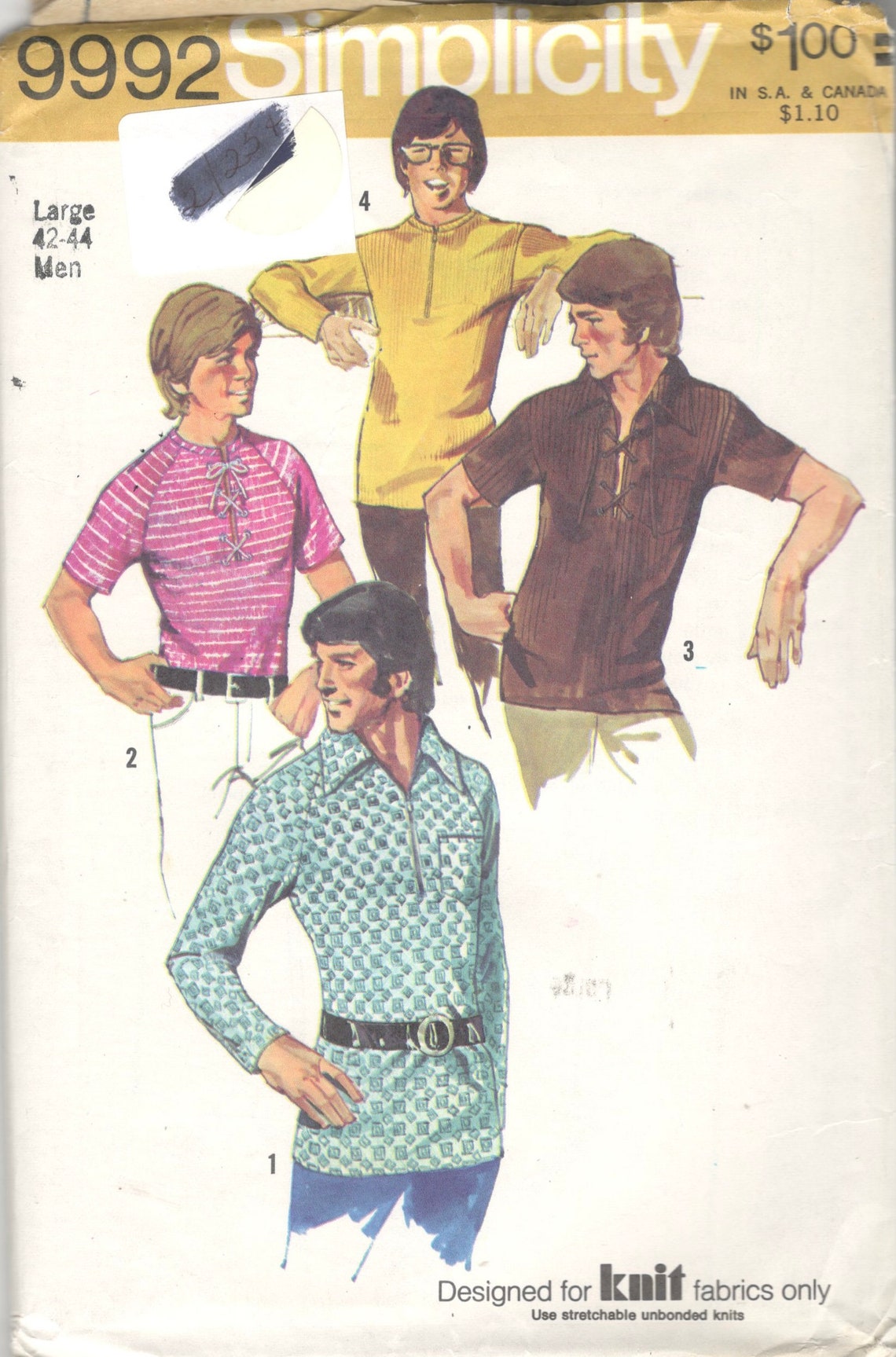 Simplicity 9992 1970s Mens Pullover Shirt Pattern Sleeve Collar Options ...