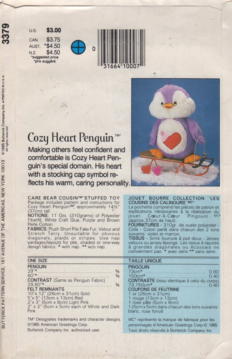 Butterick 3379 1980s COZY HEART PENGUIN Care Bear Cousin | Etsy