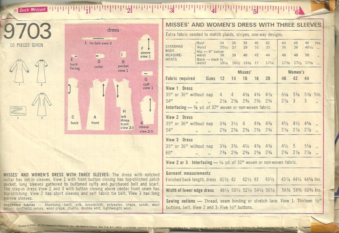 1970s Simplicity 9703 Misses Shirtdress Pattern Sleeve Options Womens ...