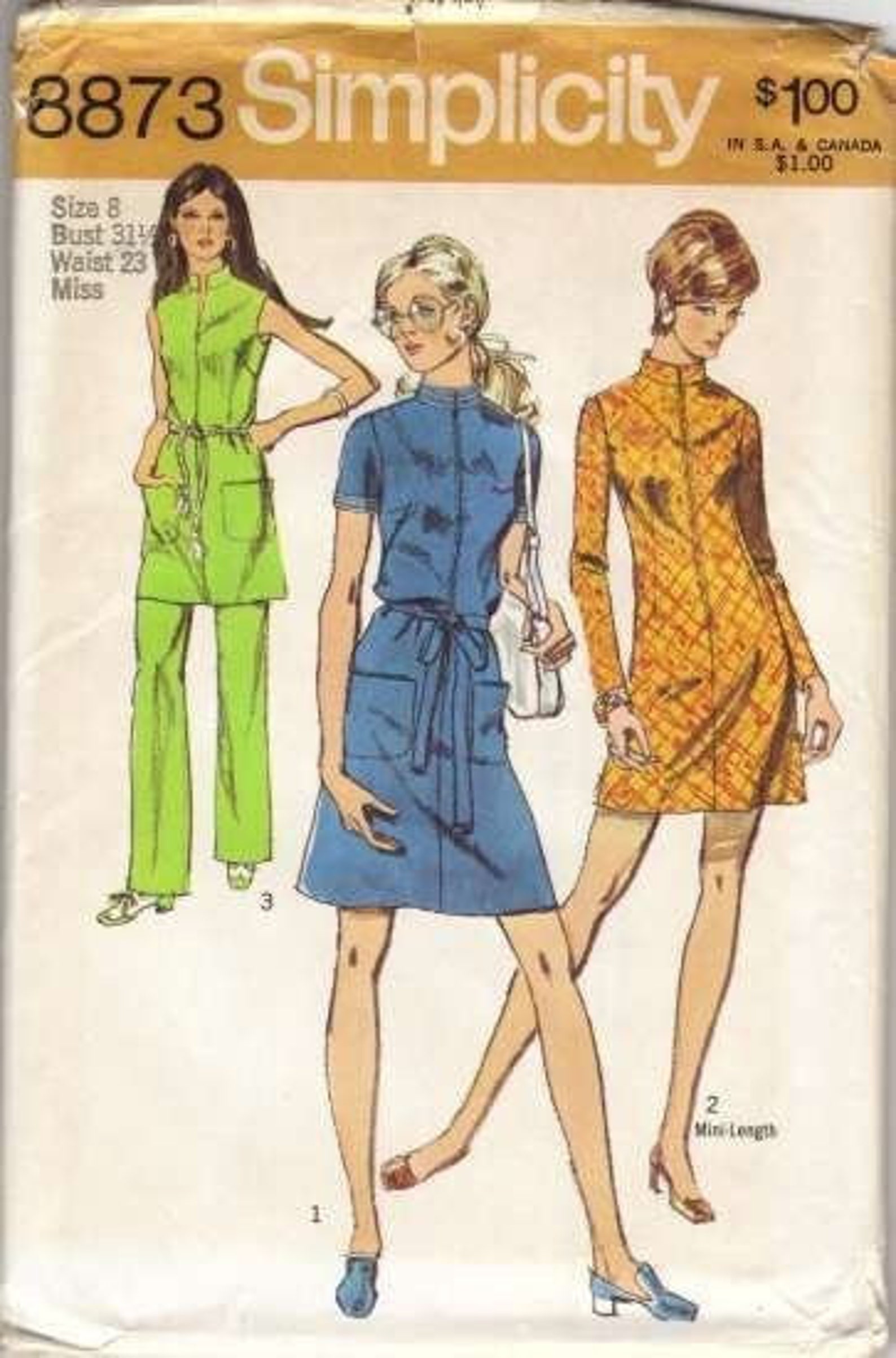 Simplicity 8873 1970s Misses Zip Front Dress in Two Lengths and Pants ...
