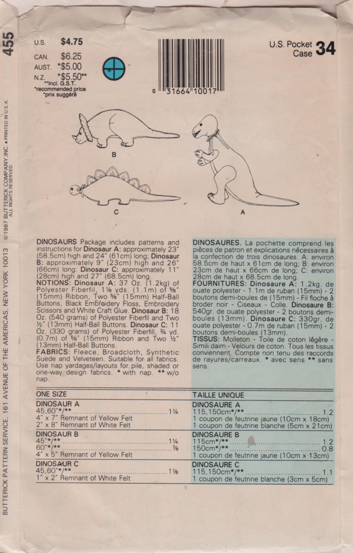 Butterick 5753 455 1980s DINOSAURS Pattern Triceratops - Etsy