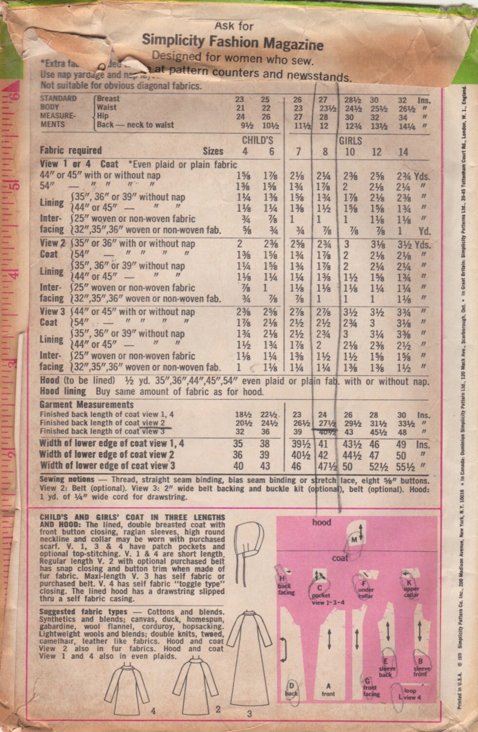 Simplicity 9048 1970s Girls Hood and Double Breasted Coat - Etsy